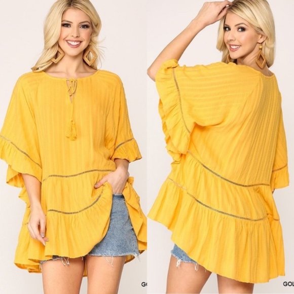 Gigio | Tops | Gigio Marcy Golden Yellow Tunic Top Butterfly Ruffle ...